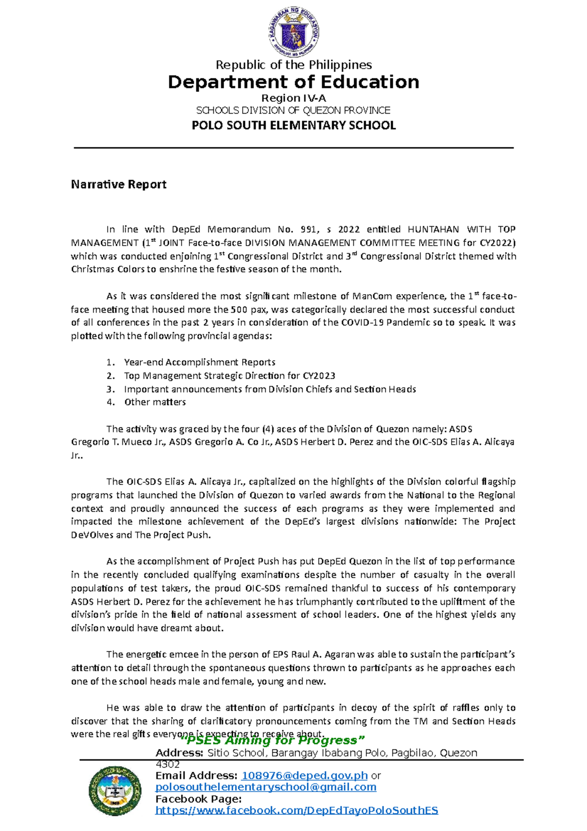 Narrative-Report - 7889 - Republic of the Philippines Department of ...