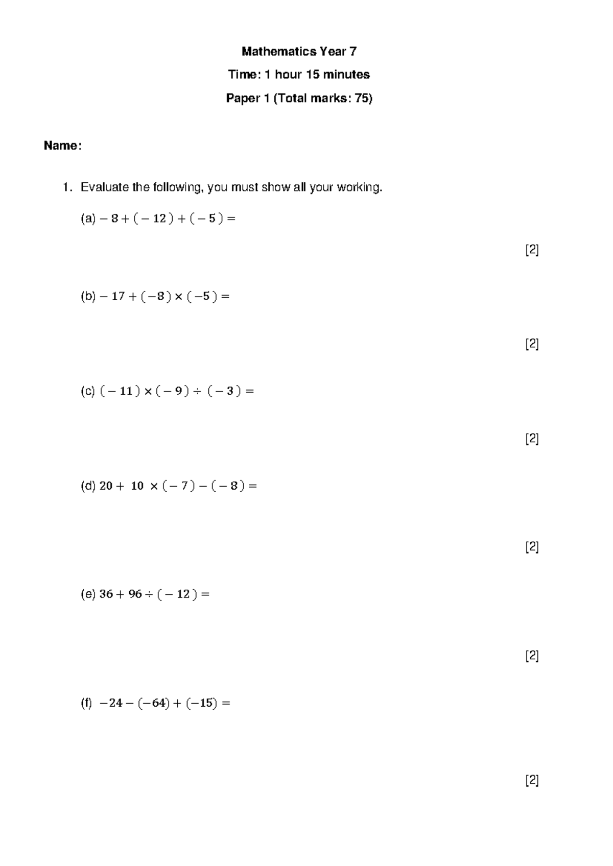 Year 7 math term 3 of 2021 paper 1 - Mathematics Year 7 Time: 1 hour 15 ...