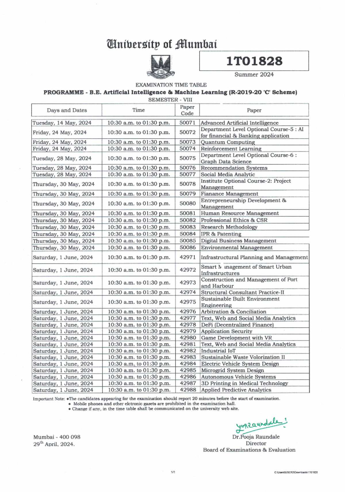 1T01828-s24 - University time table - Data Science - Studocu