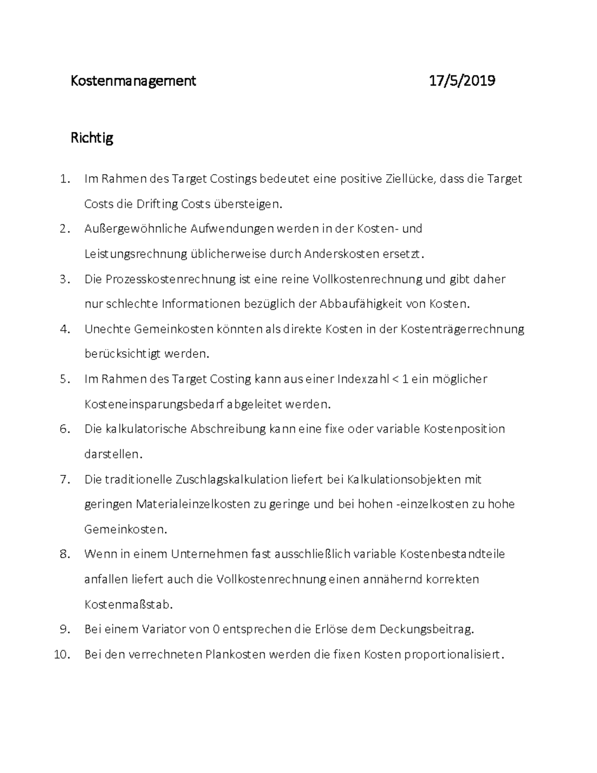 Klausur 17 Mai 2019, Fragen und Antworten - Warning: TT: undefined function: 32 Kostenmanagement ...