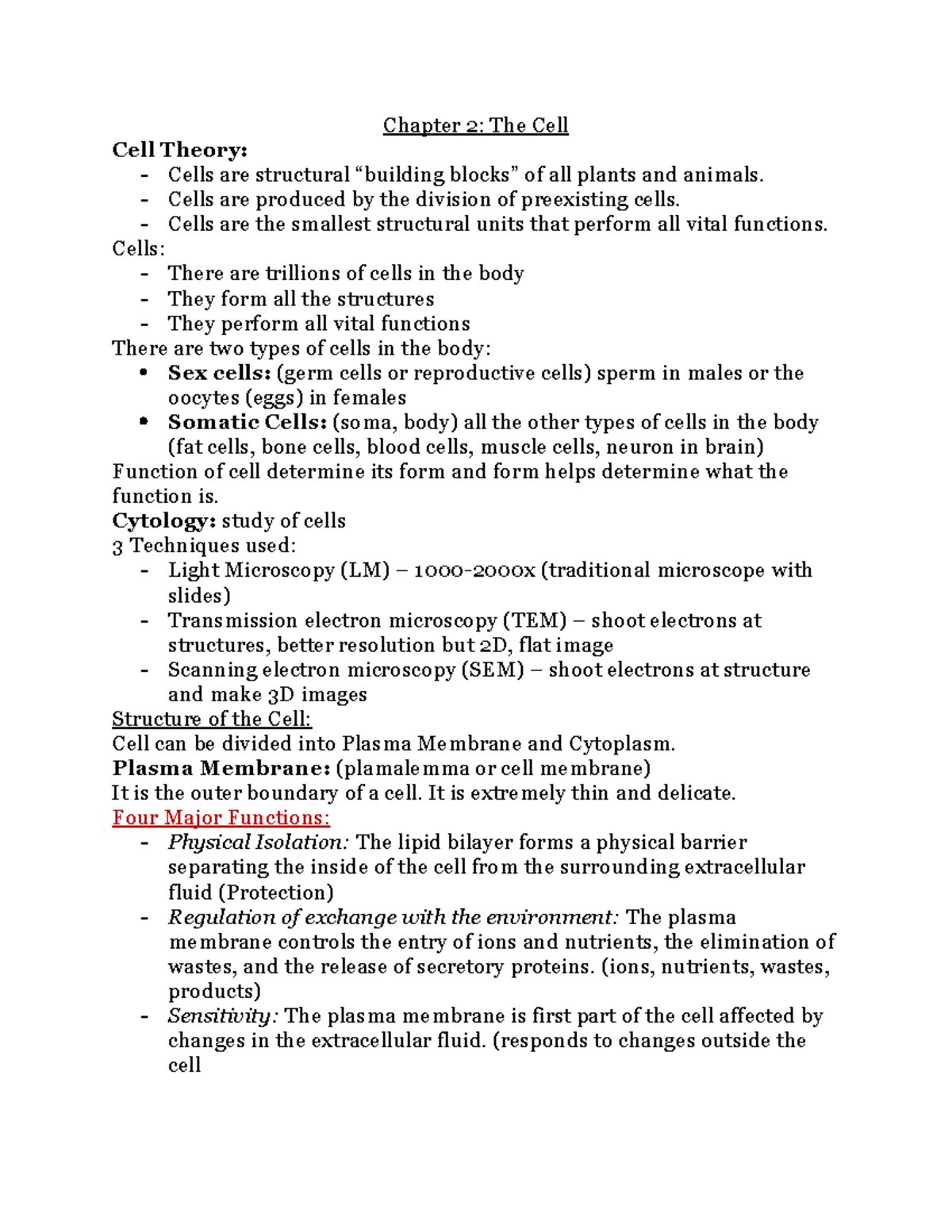 Chapter 2 Notes - Chapter 2: The Cell Cell Theory: - Cells are ...