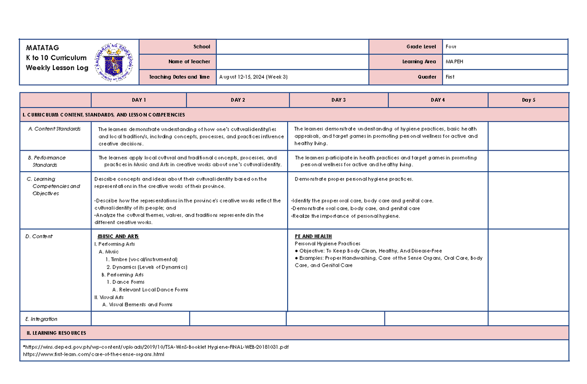 Q1-W3- Mapeh Matatag latest - MATATAG K to 10 Curriculum Weekly Lesson ...