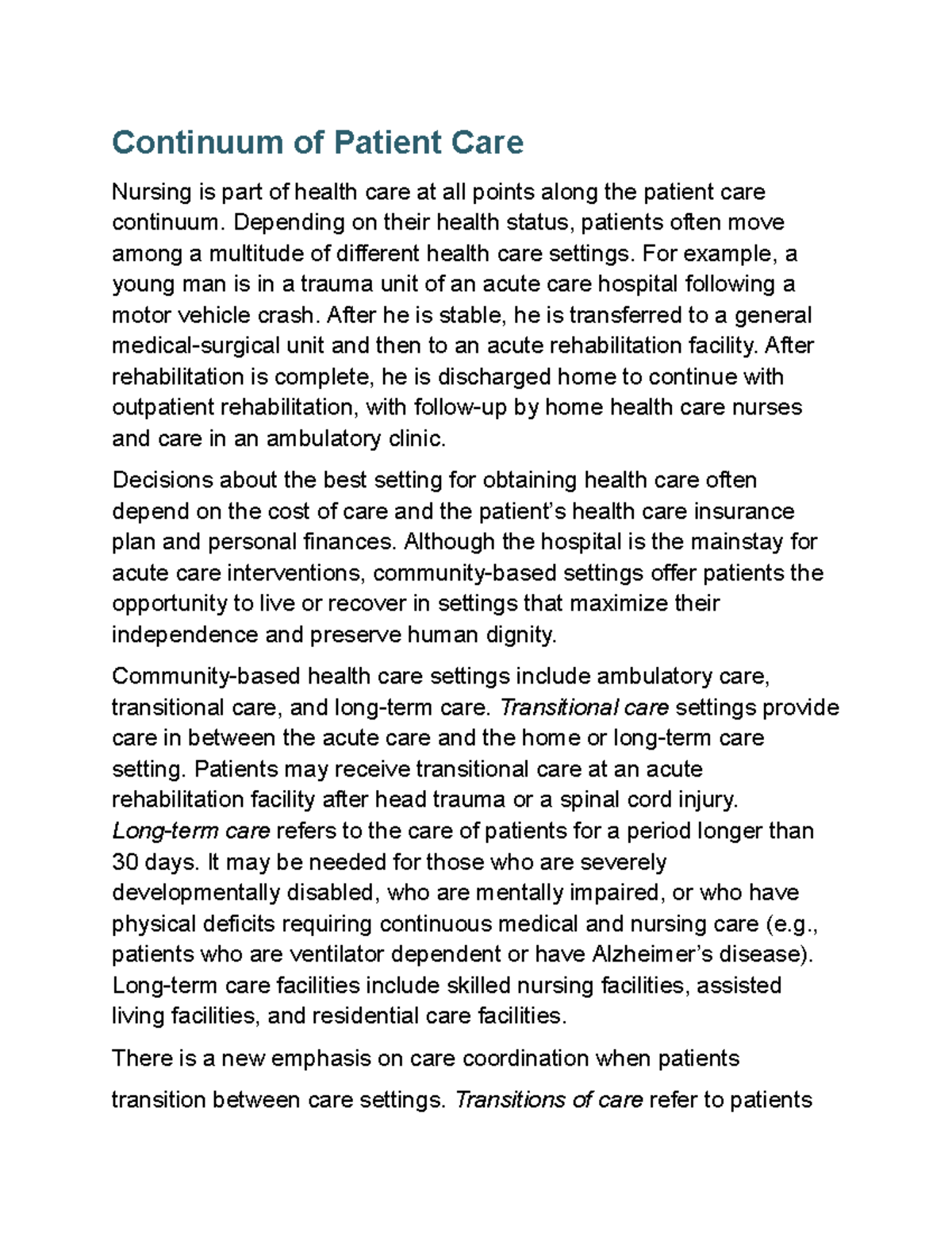 Continuum of Patient Care - Continuum of Patient Care Nursing is part ...
