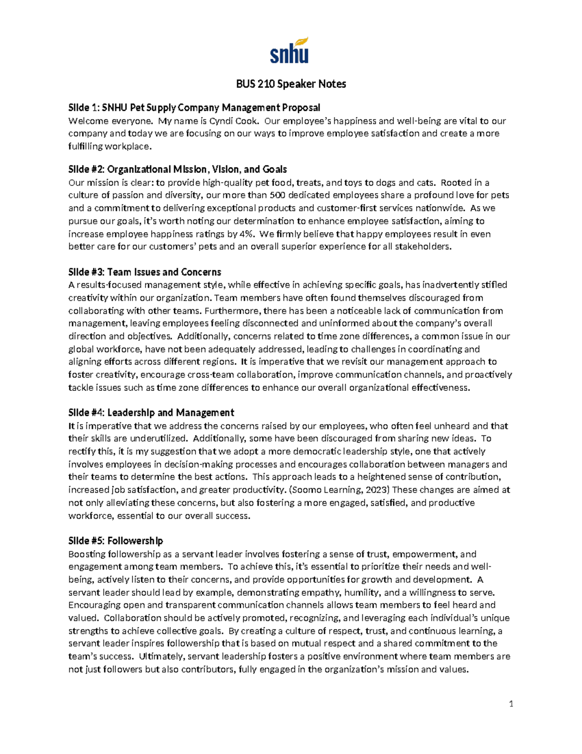 BUS 210 Speaker Notes Project 1 - BUS 210 Speaker Notes Slide 1: SNHU ...