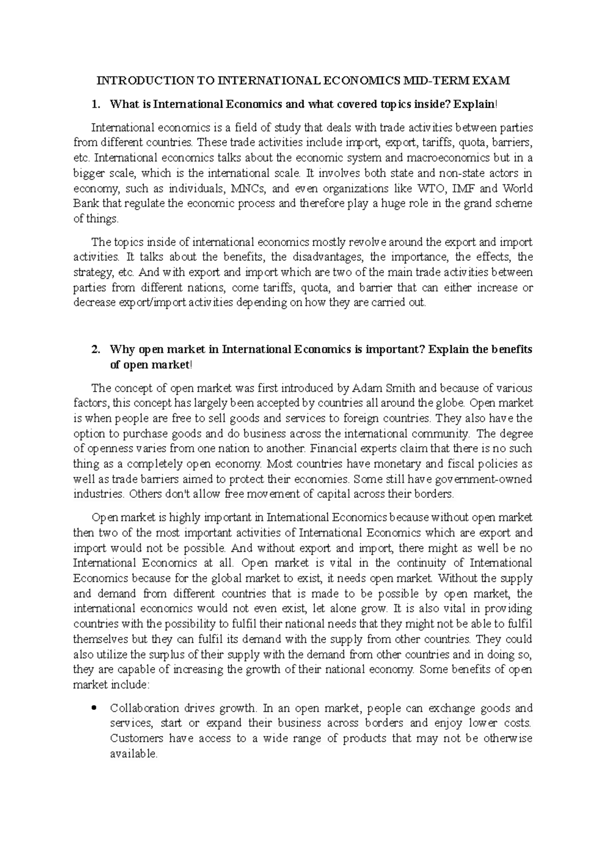 UTS PEI - Intro to Int. Economics Midterm - INTRODUCTION TO INTERNATIONAL ECONOMICS MID-TERM ...