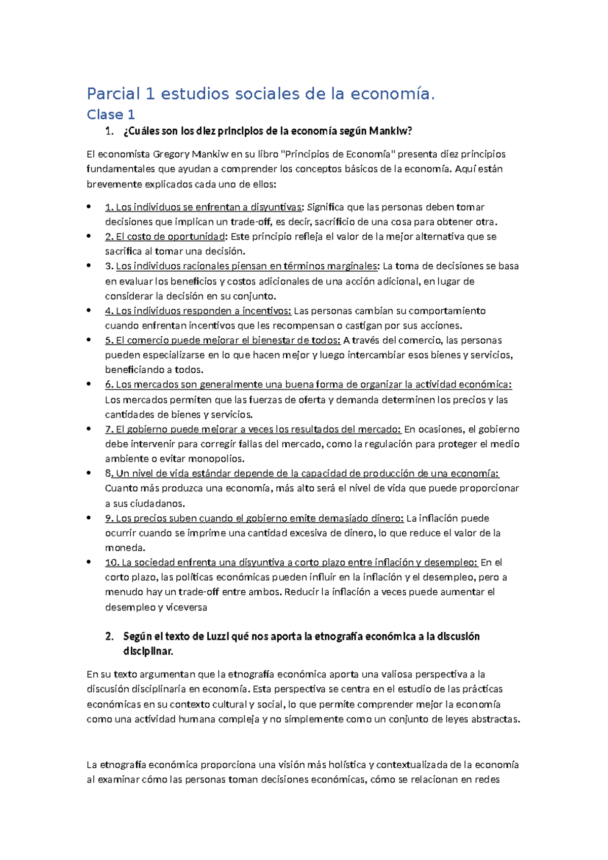Parcial 1 estudios sociales de la economía - Clase 1 ¿Cuáles son los ...