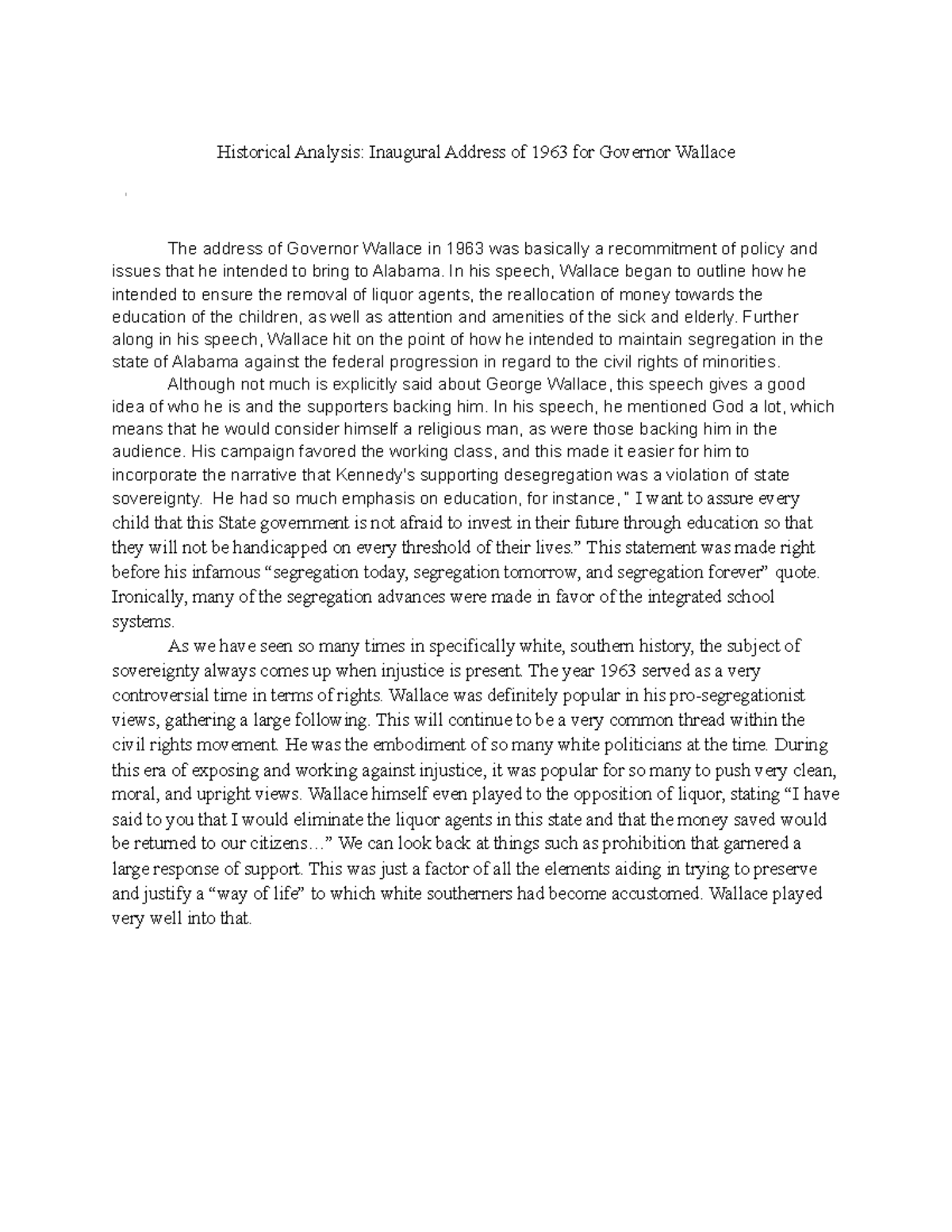 Historical Analysis Inaugural Address of 1963 for Governor Wallace - In ...