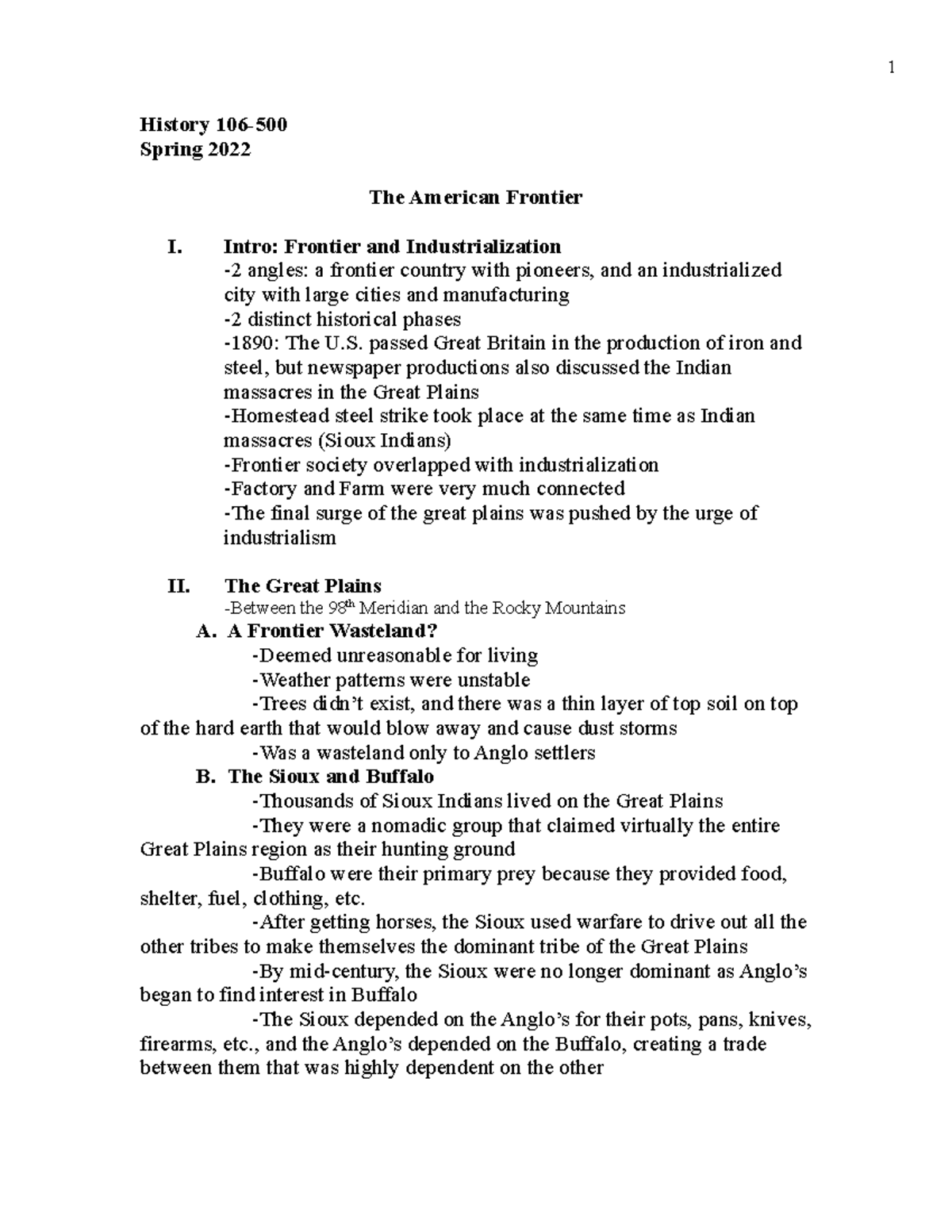 #1 American Frontier Notes - History 106- Spring 2022 The American ...