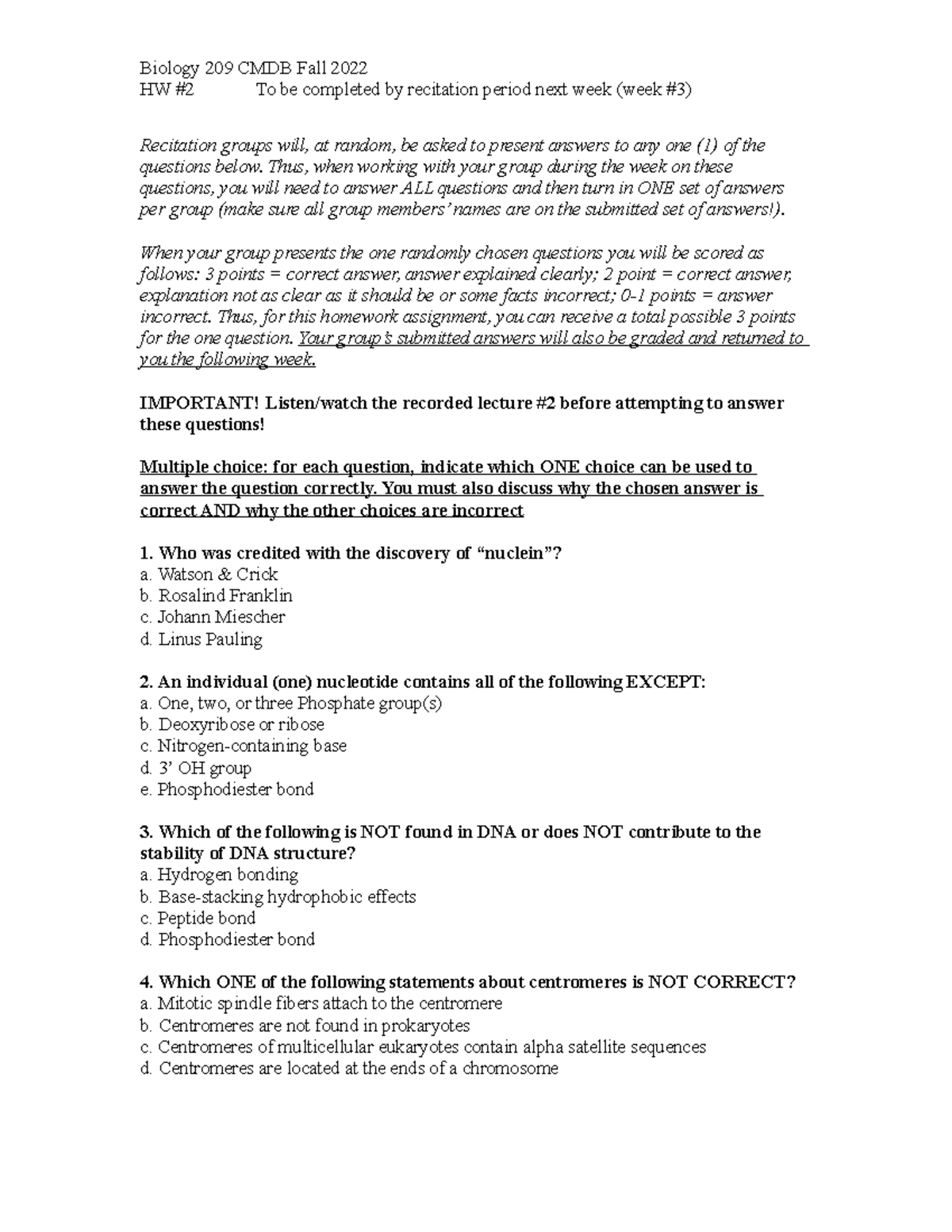 Bio 209 CMDB HW #2 Fall 2022 - Biology 209 CMDB Fall 2022 HW #2 To be completed by recitation ...