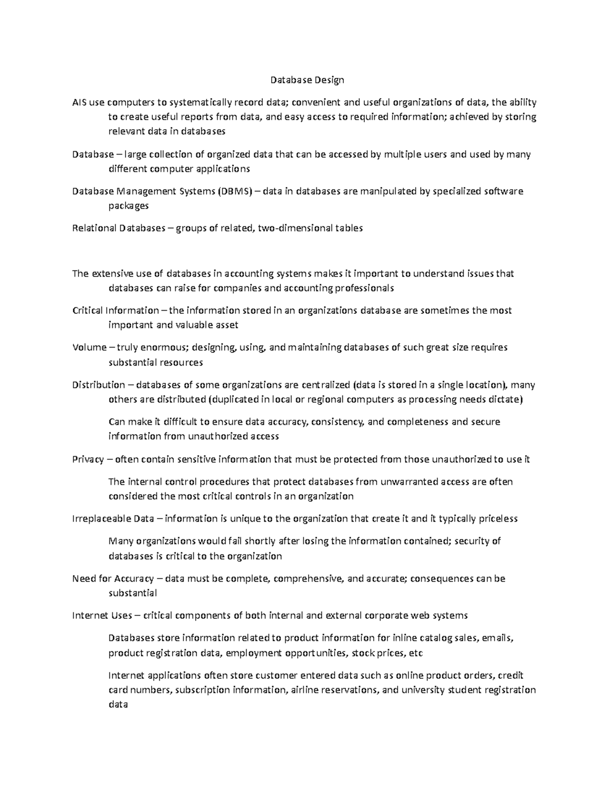 Chapter 7 Notes - Database Design AIS use computers to systematically ...
