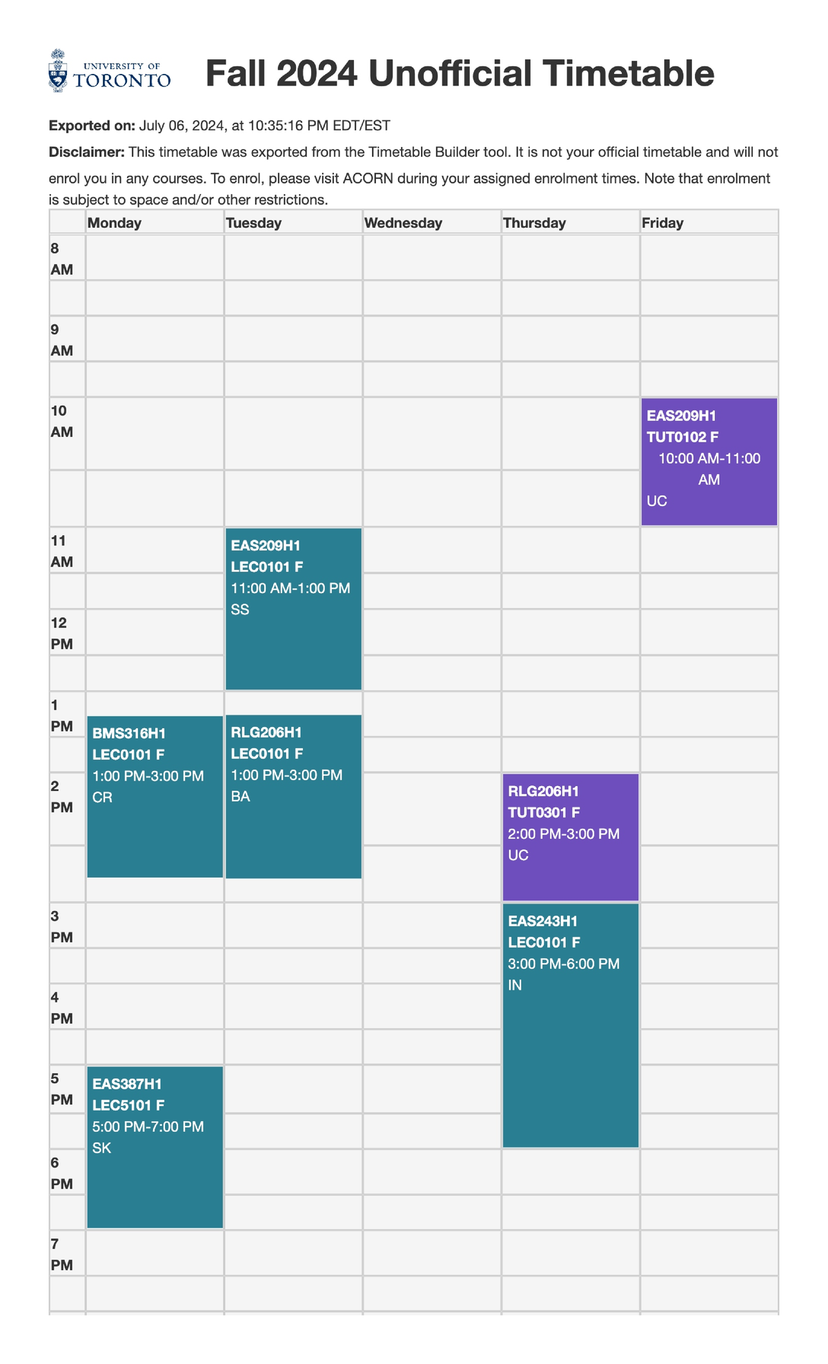Timetable - something - UNIVERSITY OF TORONTO Fall 2024 Unofficial ...