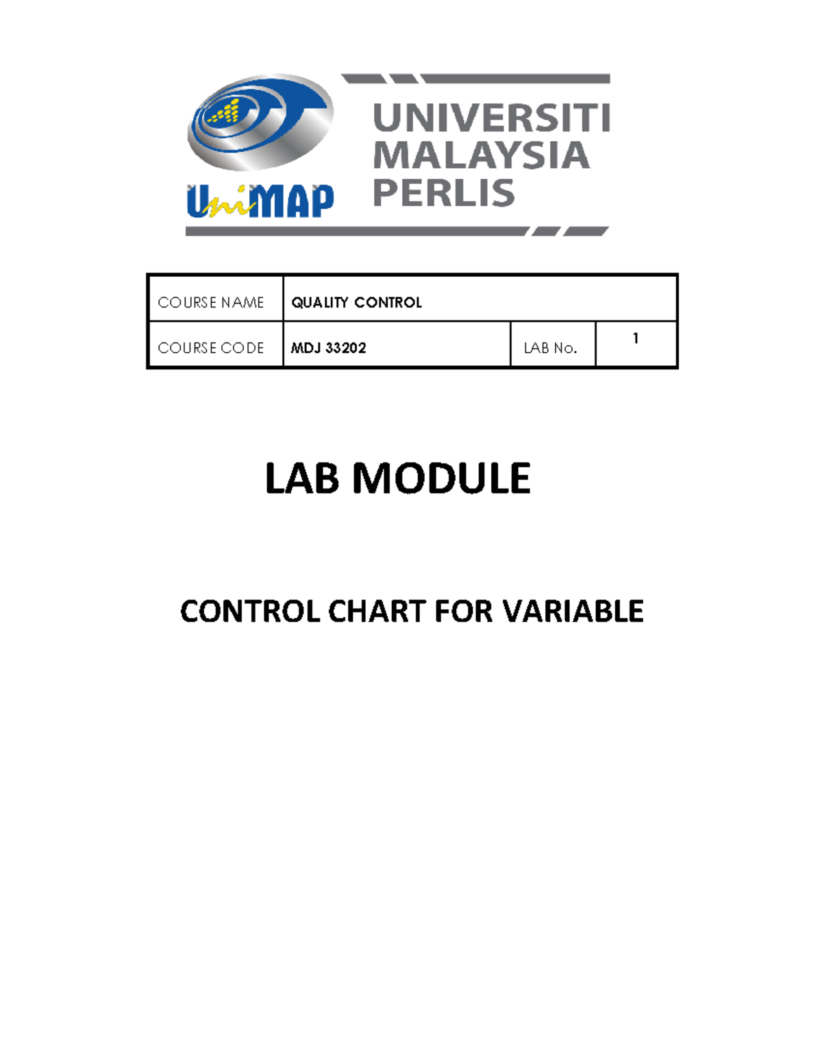 LAB Control Chart Variables - LAB MODULE CONTROL CHART FOR VARIABLE COURSE NAME QUALITY CONTROL ...