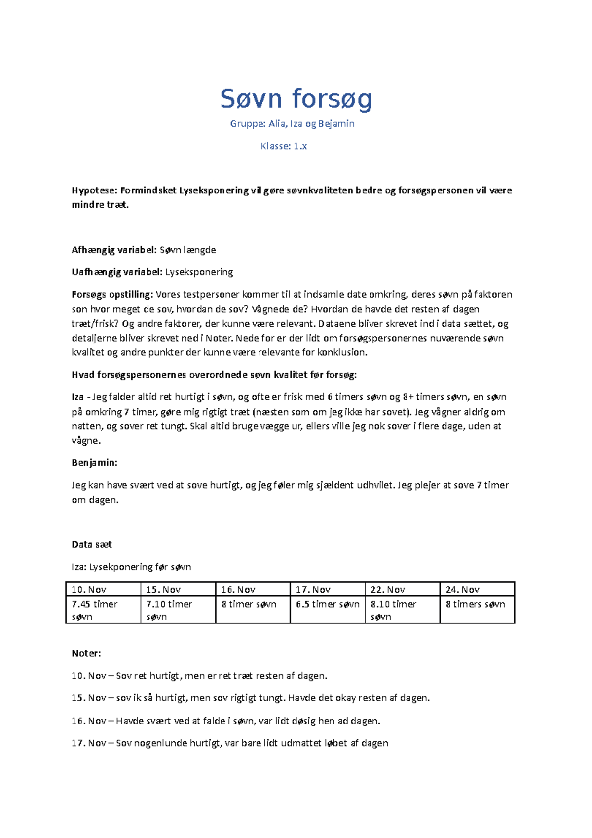 Søvnforsøg - Alia - Iza - Benjamin - Søvn forsøg Gruppe: Alia, Iza og ...