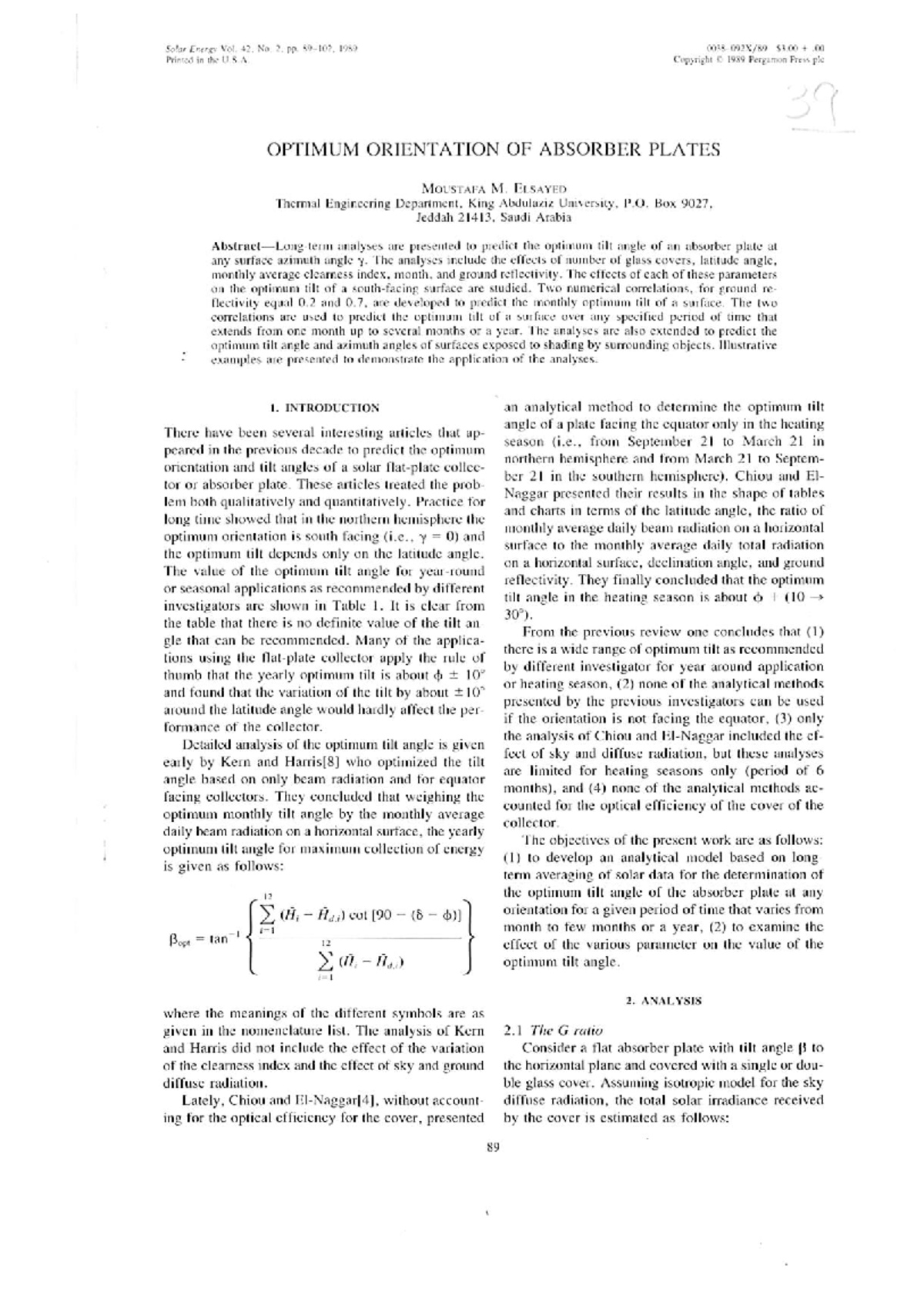 Optimum orientation of Absorber Plates - Solar Energy Vol. 42. No. 2 ...