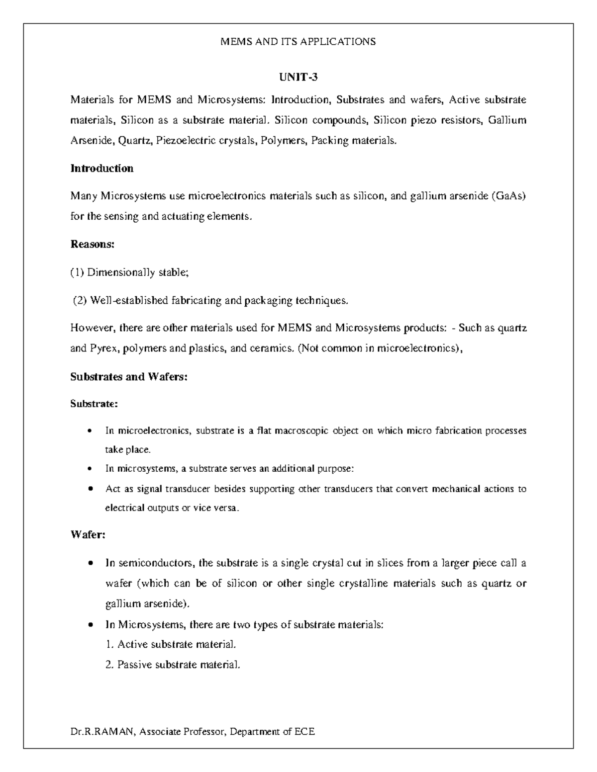 Mems Unit 3 Part 2 Mems And Its Applications Unit Materials For Mems And Microsystems