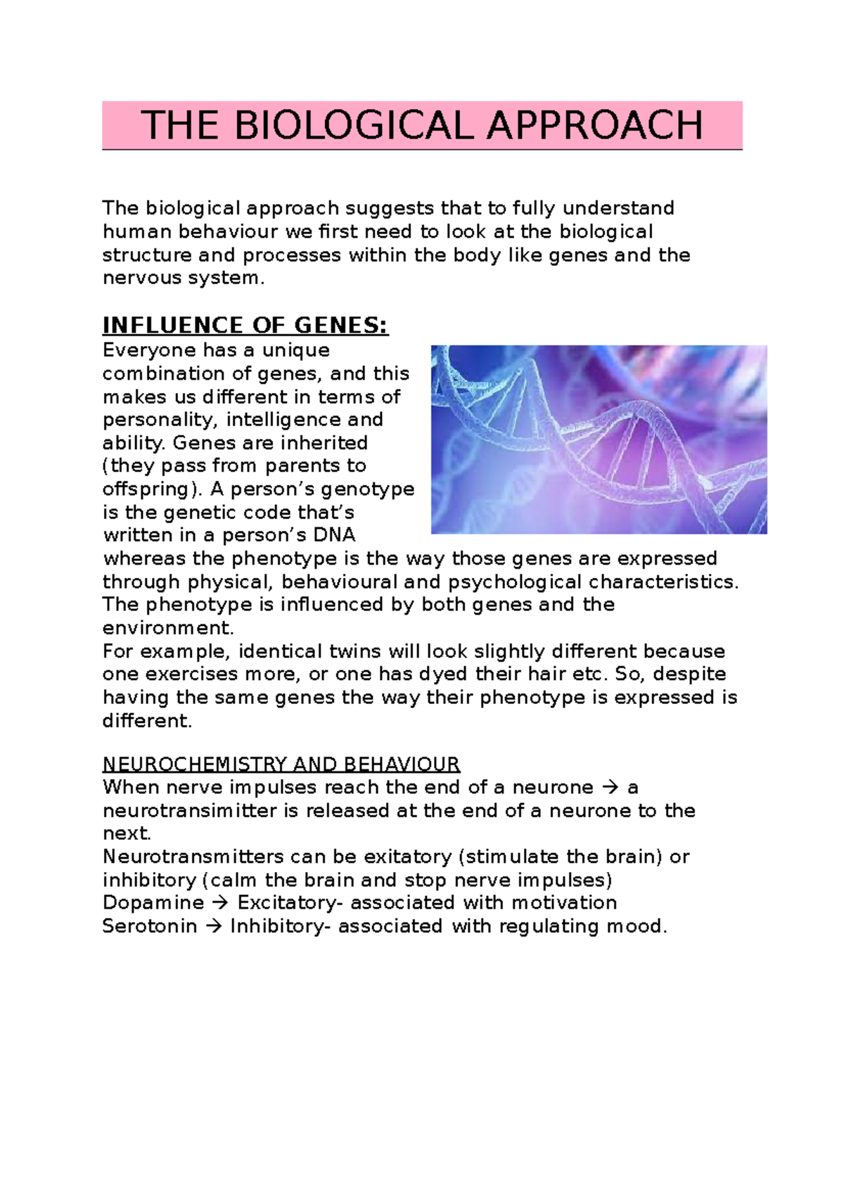 THE Biological Approach - THE BIOLOGICAL APPROACH The biological ...