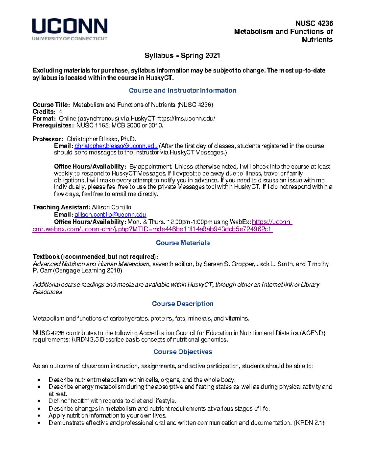 NUSC 4236 Online Syllabus - Spring 2021 1 - NUSC 4236 Metabolism and ...