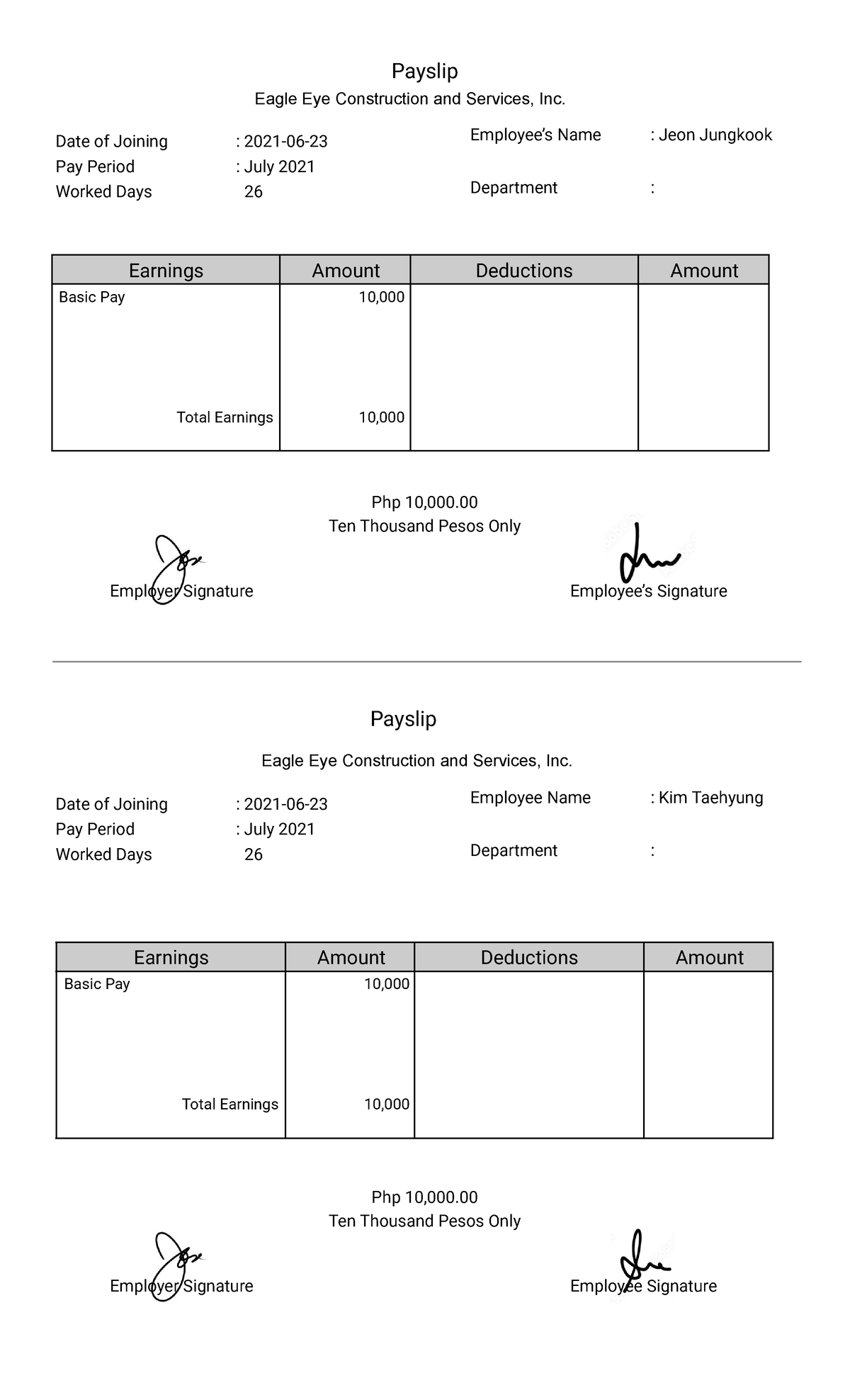 Exhibit D (10 Payslips).docx - Eagle Eye Construction and Services, Inc. Date of Joining : 2021 ...