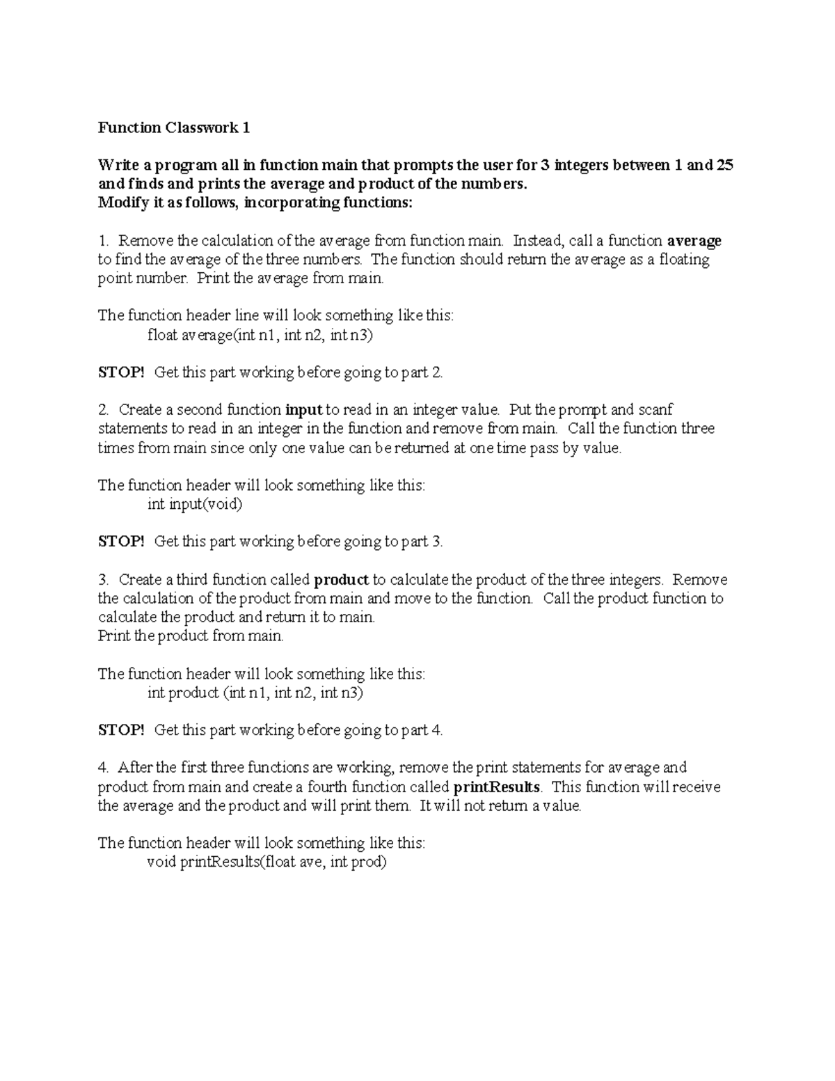 Function Classwork 1 Assignments Nancy Lahm Function Classwork 1 Write A Program All In 