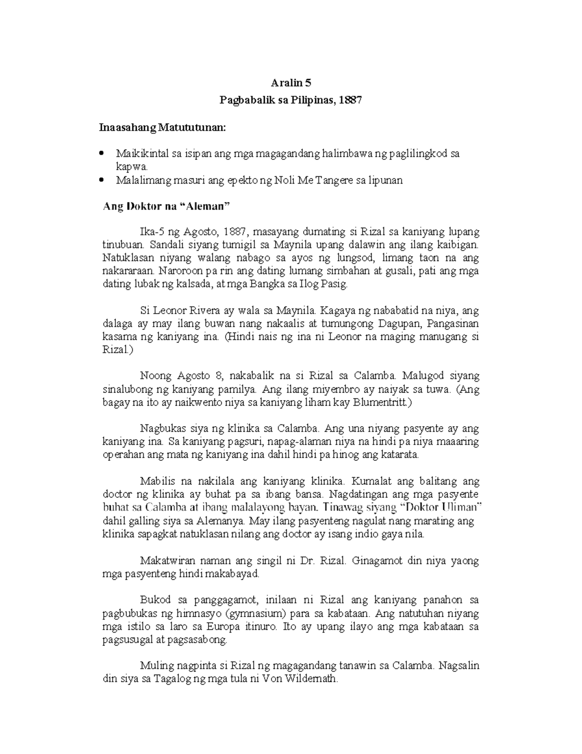 Aralin-5-5- Jose Rizal - Aralin 5 Pagbabalik sa Pilipinas, 1887 ...