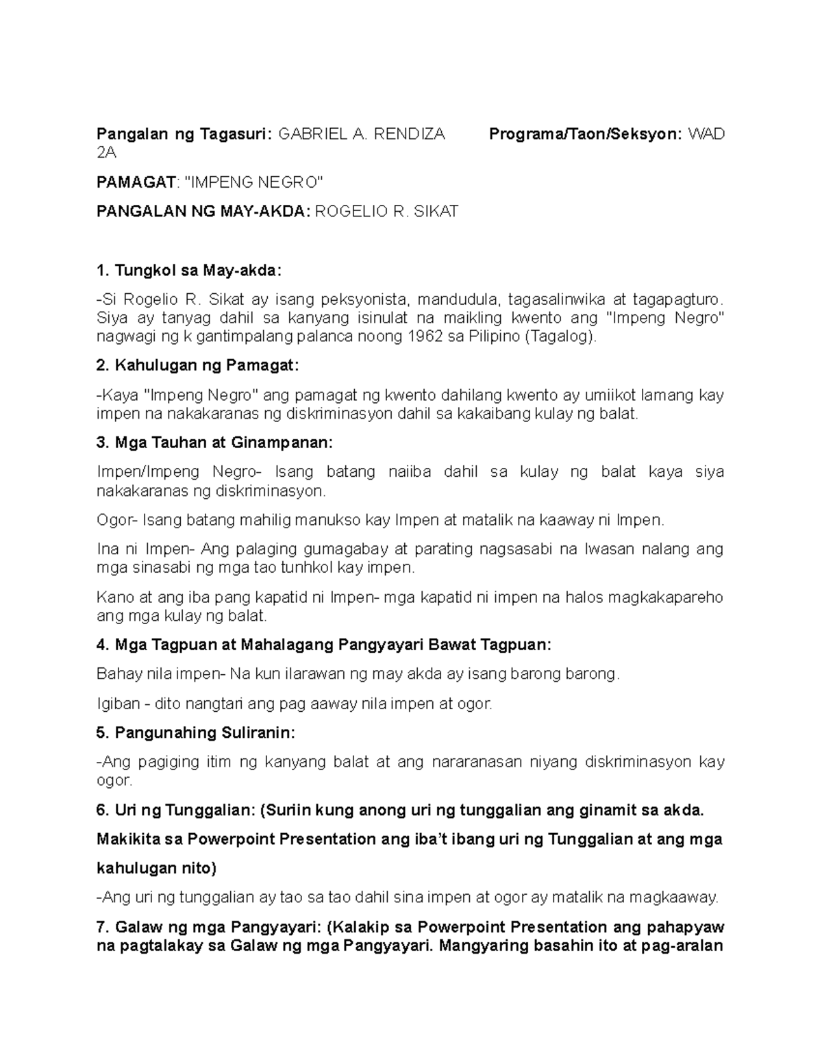 Pagsusuri SA Maikling Kwento - Agriculture - Studocu