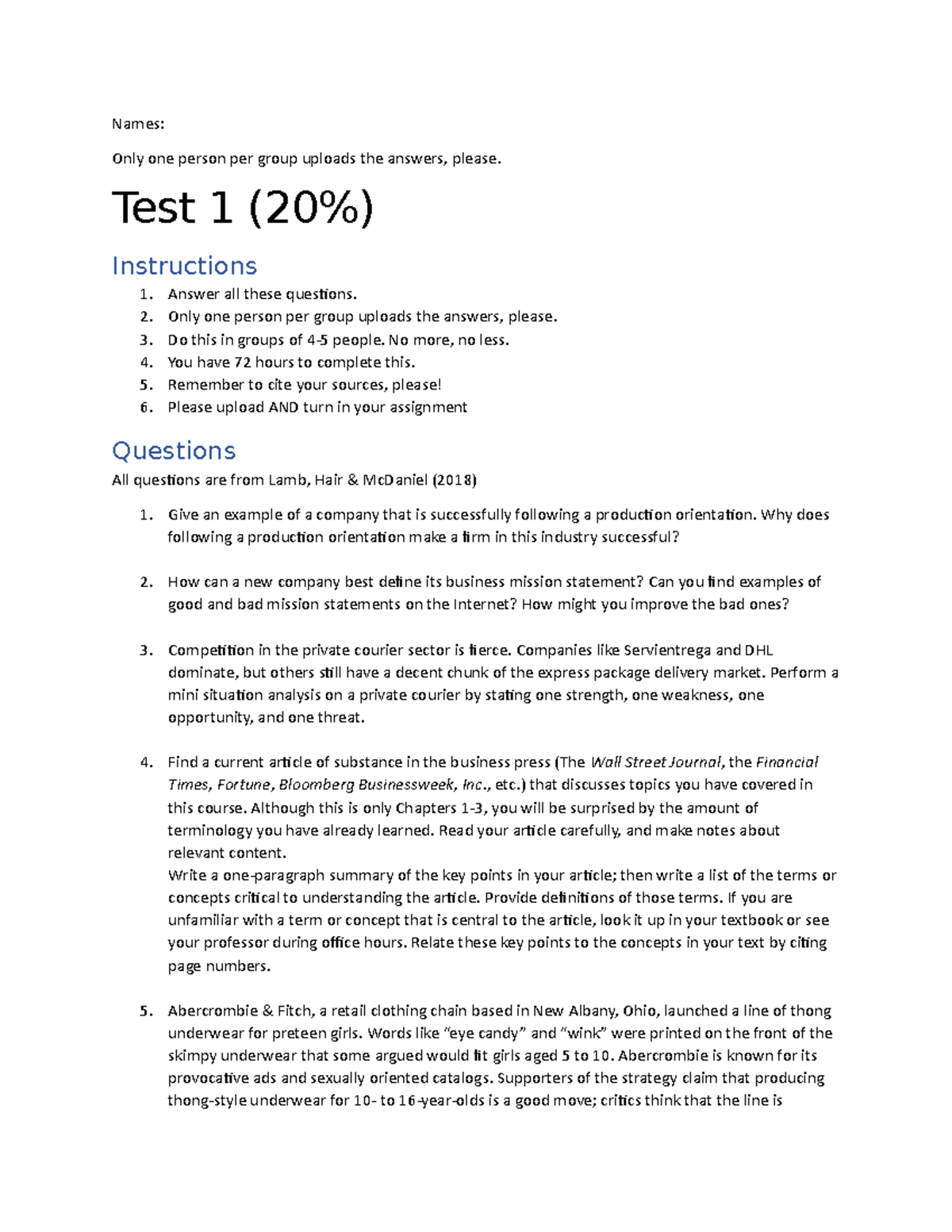 international business test 1 - Names: Only one person per group ...