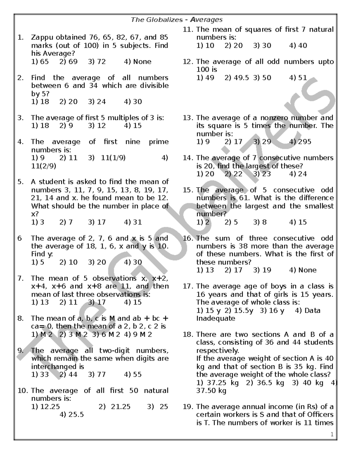 Averages - Sheets for practice - The Globalizes - Averages 1. Zappu ...