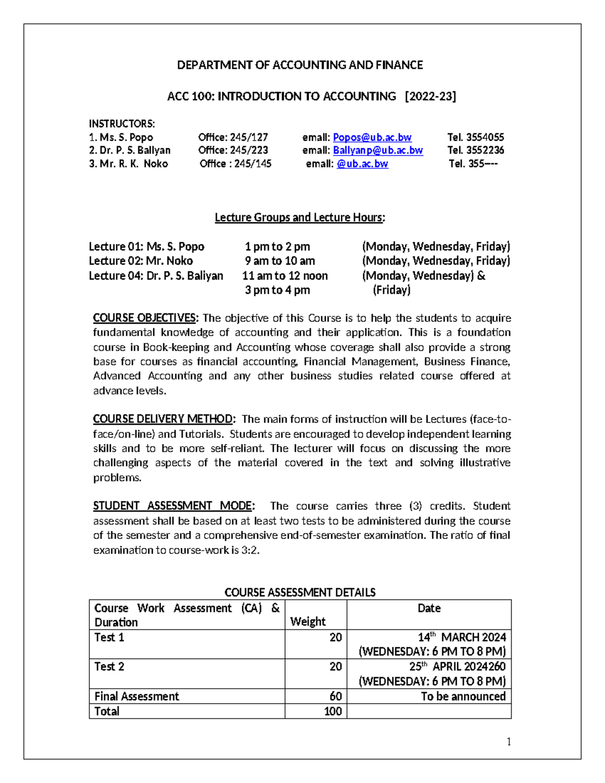 ACC 100 Course Outline JAN 2024 - DEPARTMENT OF ACCOUNTING AND FINANCE ...