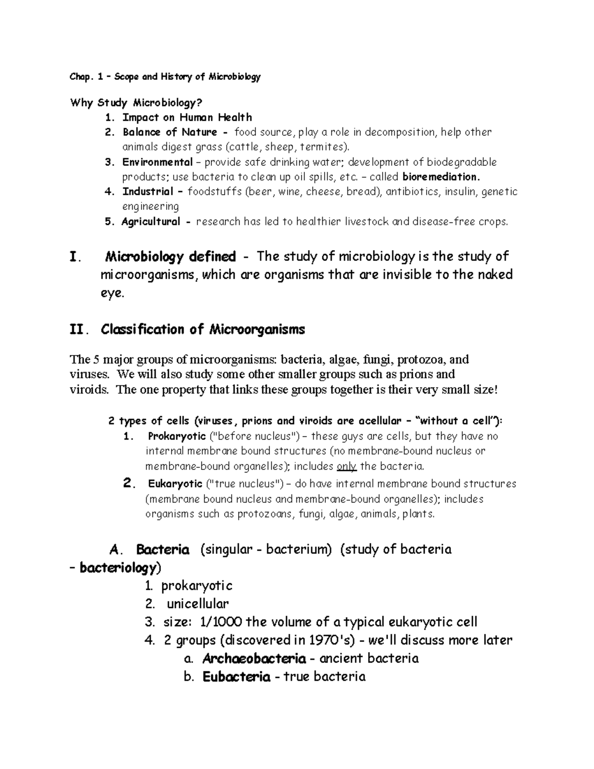Ch - notes - Chap. 1 – Scope and History of Microbiology Why Study ...