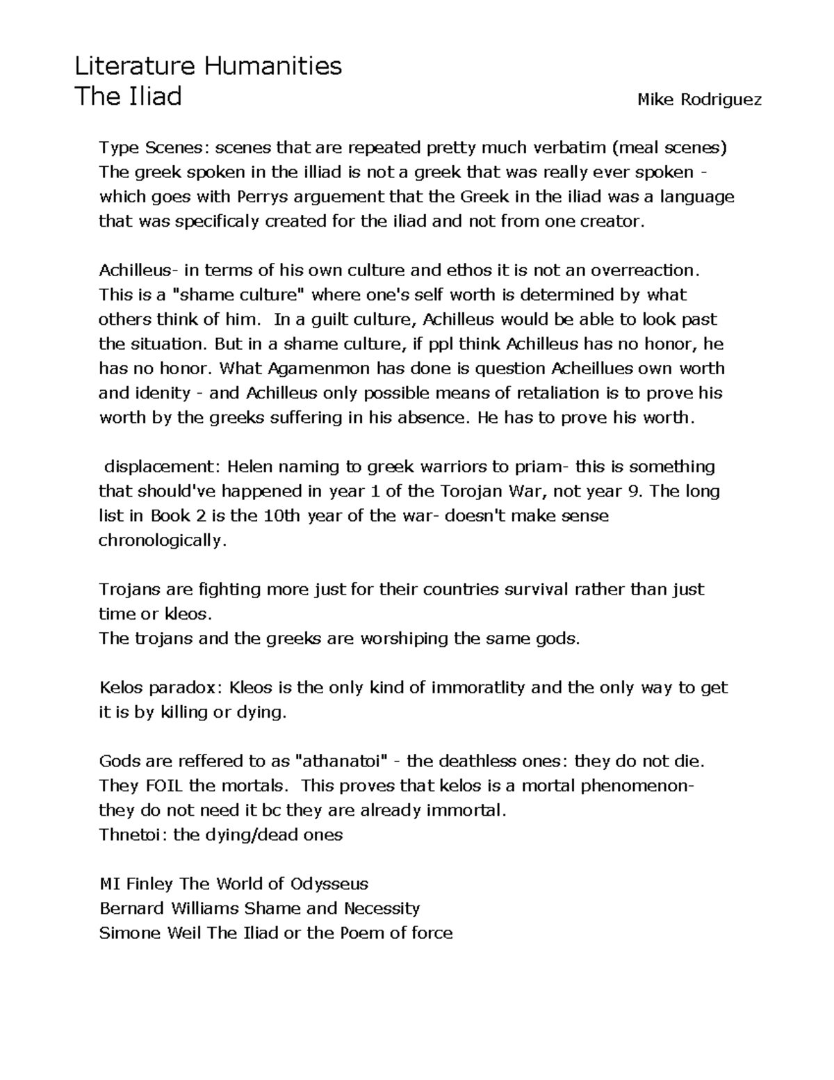 Literature Humanities Books (notes) - Literature Humanities The Iliad ...