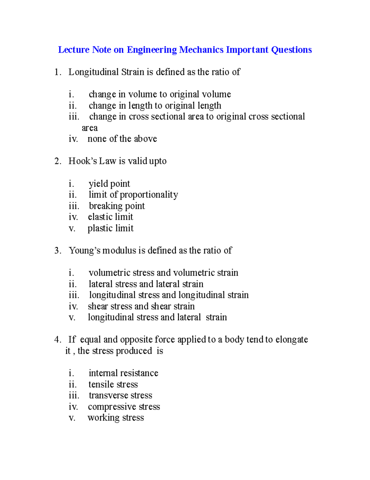 Lecture Note on Engineering Mechanics Important Questions - Lecture ...