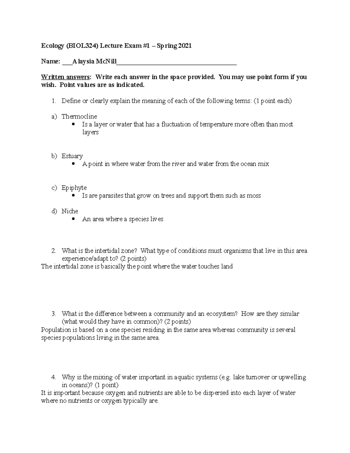 Ecology Lecture Test - Ecology (BIOL324) Lecture Exam #1 – Spring 2021 ...