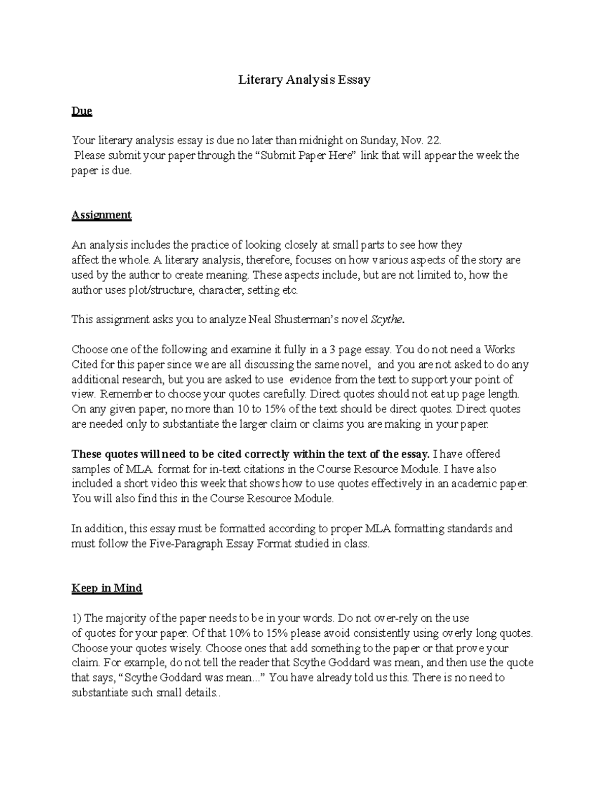 Literary Analysis Essay Assignment - Literary Analysis Essay Due Your ...