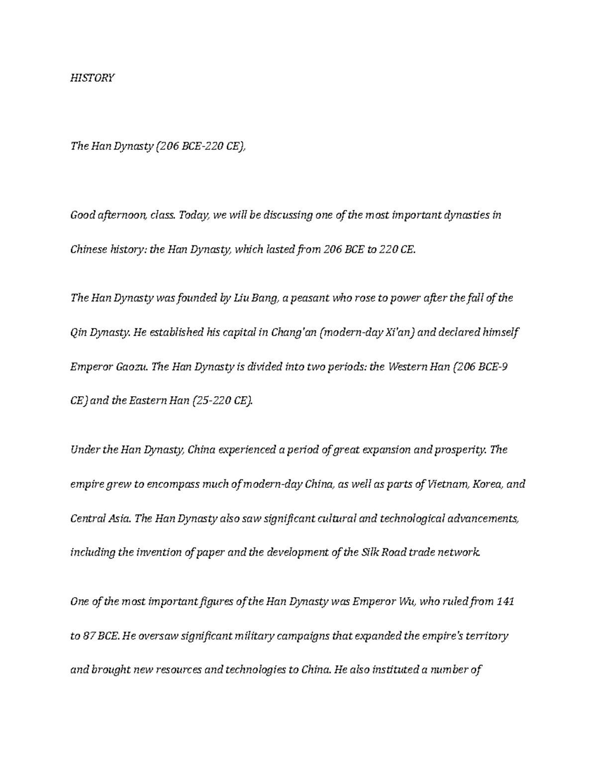 The Han Dynasty (206 BCE-220 CE), notes - HISTORY The Han Dynasty (206 ...