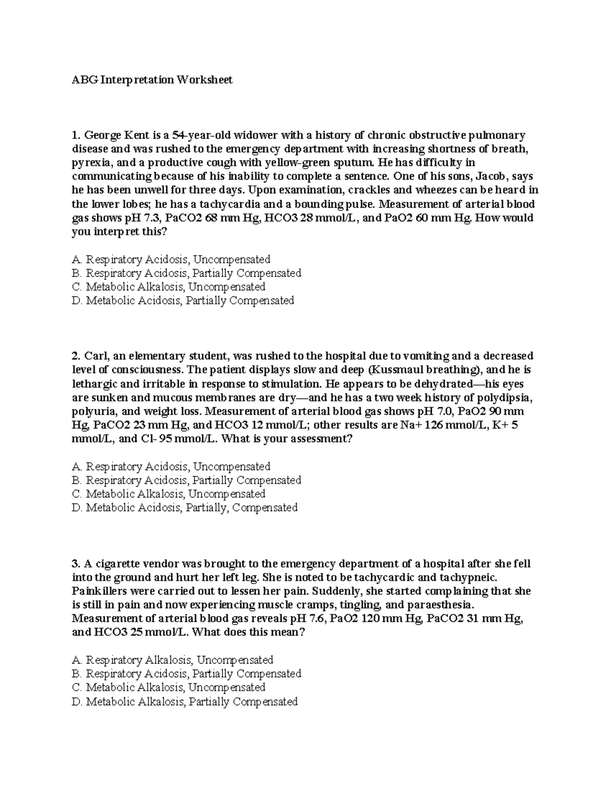 ABG Interpretation Worksheet - ABG Interpretation Worksheet George Kent ...