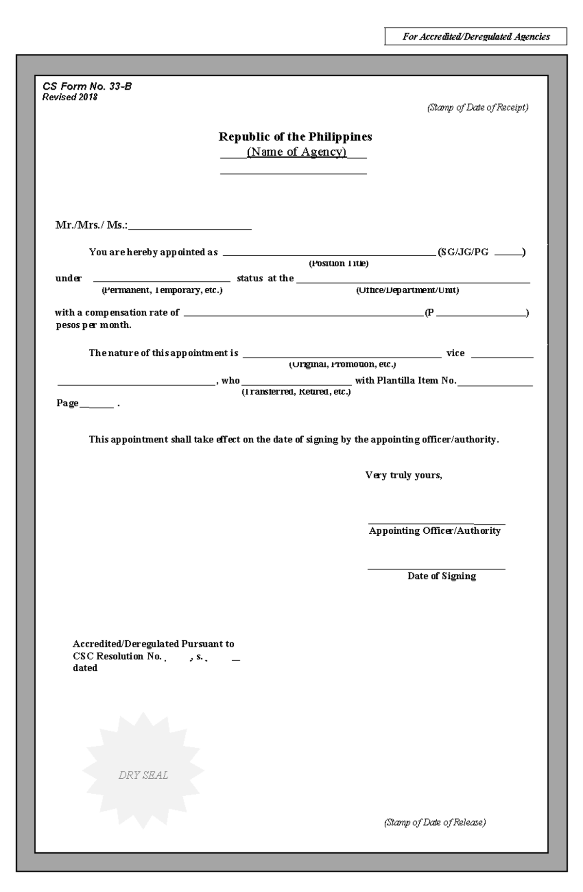 CS Form No. 33-B Appointment Form - Accredited - You are hereby ...