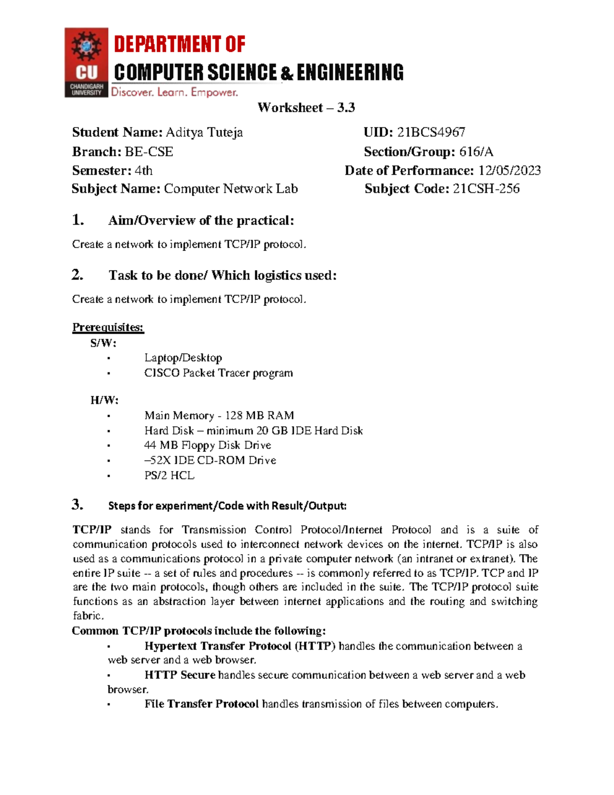 Aditya cn 3 - Practical of computer networks - COMPUTER SCIENCE & ENGINEERING Worksheet – 3 ...