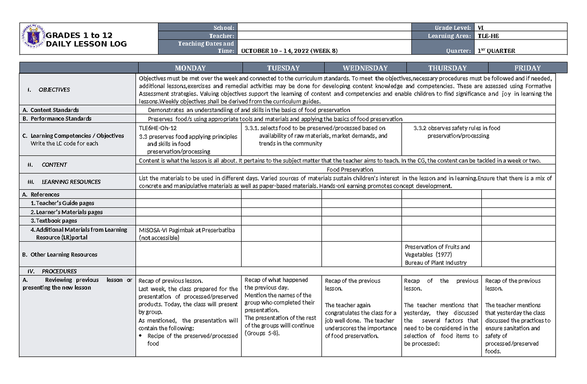 DLL TLE 6 Q1 W8 - TLE - GRADES 1 to 12 DAILY LESSON LOG School: Grade ...