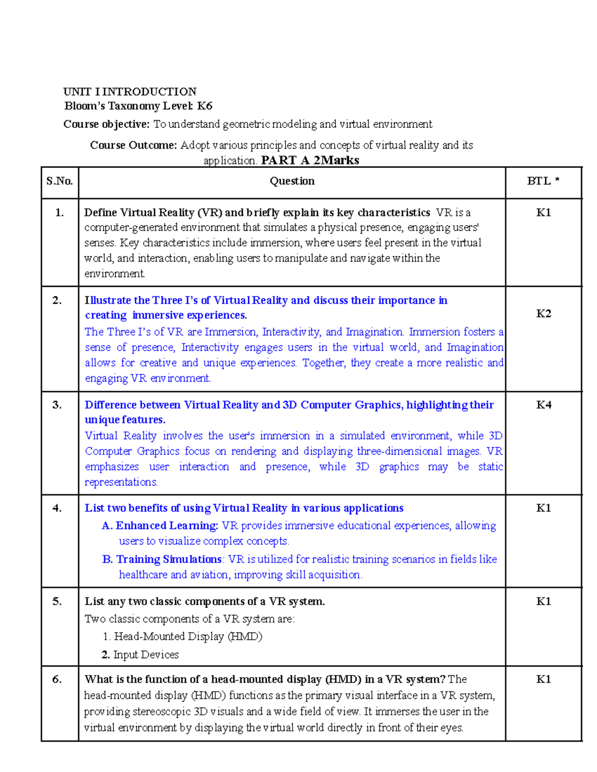 Sem evr doc - nil - UNIT I INTRODUCTION Bloom’s Taxonomy Level: K Course objective: To ...