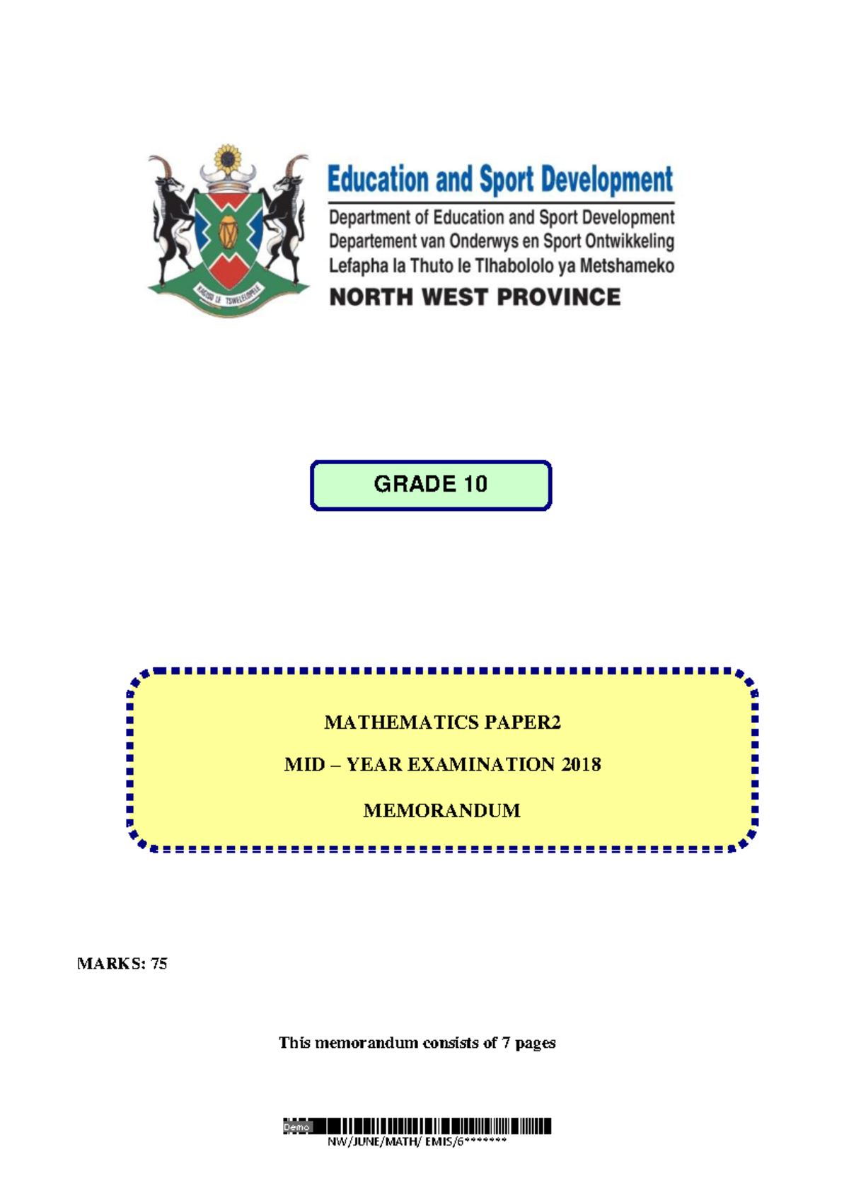 Mathematics-GR-10-MEMO-Paper-2 -1 - Demo MARKS: 75 This memorandum ...