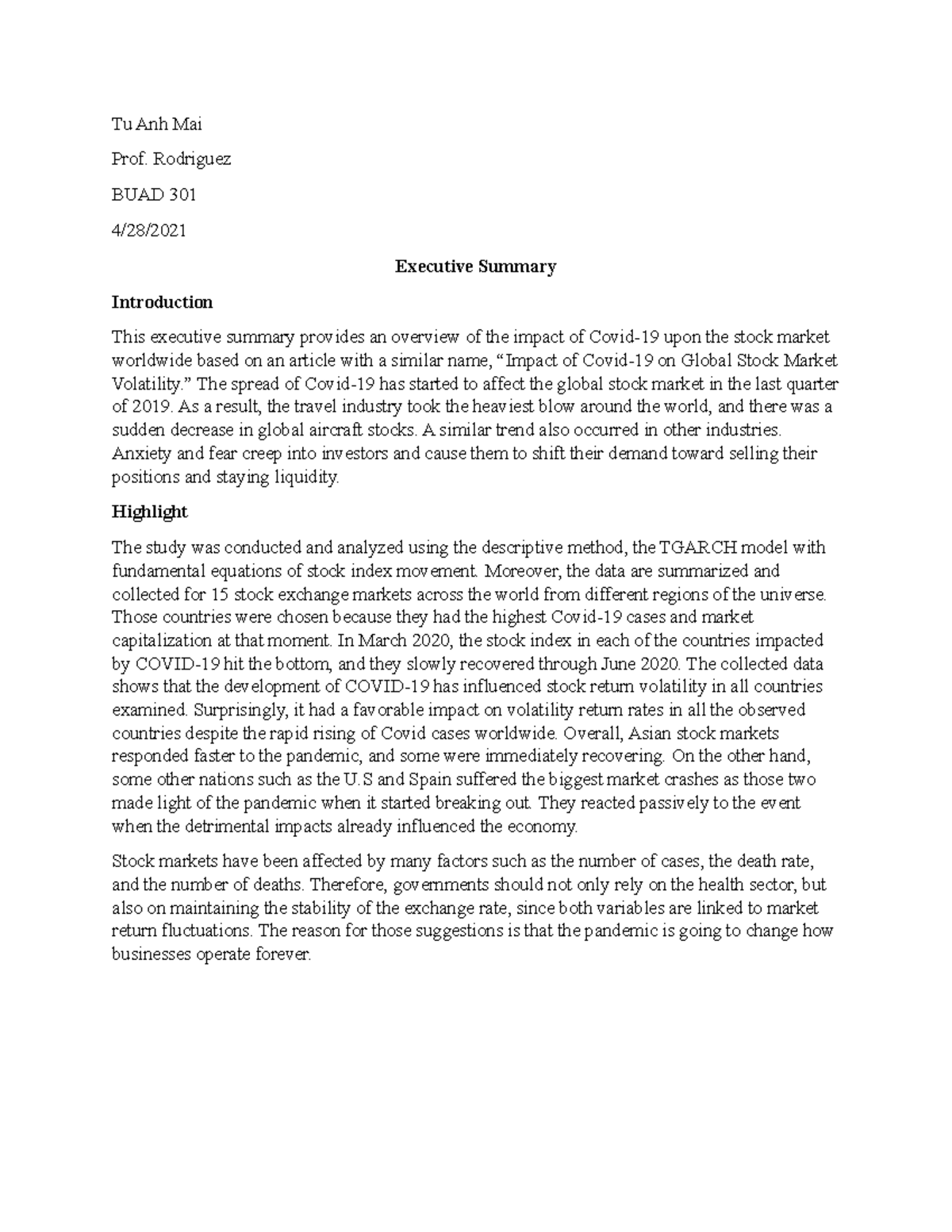 Executive summary-TM - school materials - Tu Anh Mai Prof. Rodriguez ...