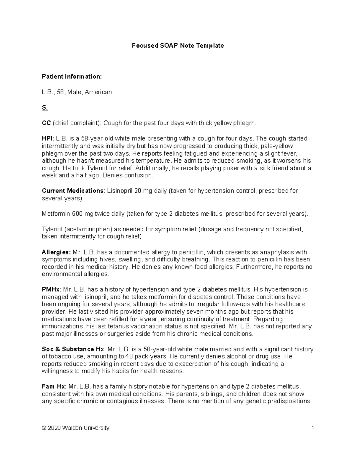 Week 6 SOAP - nursing coursework - Focused SOAP Note Template Patient ...
