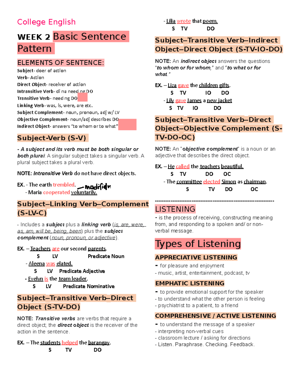 College English - Prelims Reviewer - College English WEEK 2 Basic Sentence Pattern ELEMENTS OF ...