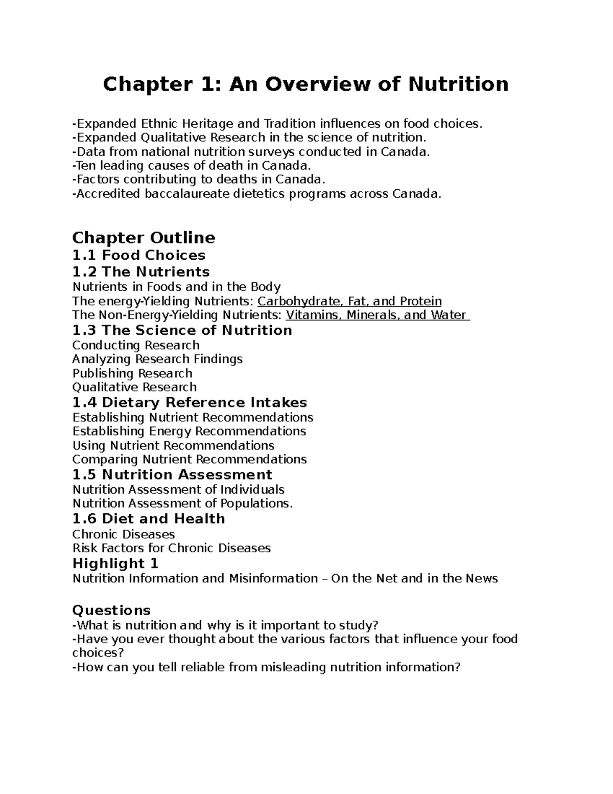 Fnh 250 Chapter 1 - Chapter 1: An Overview of Nutrition -Expanded ...