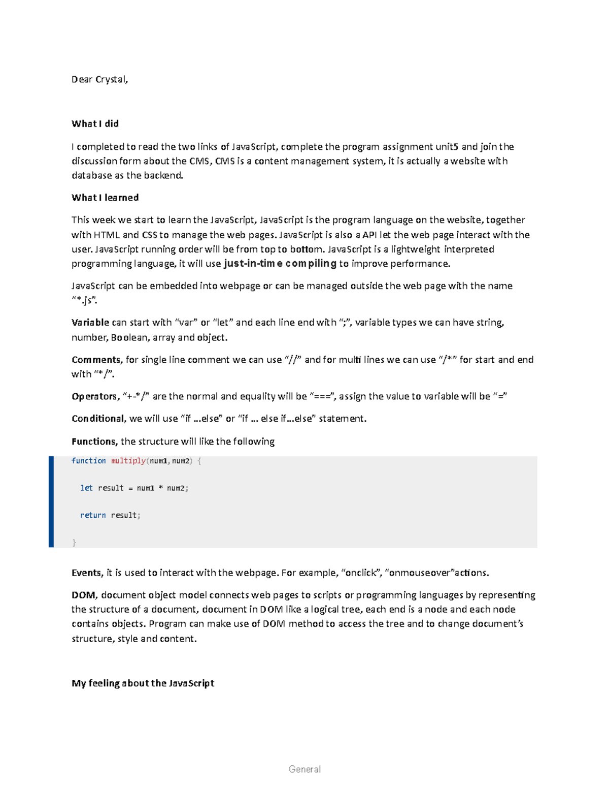 Learning Journal unit4 - Dear Crystal, What I did I completed to read ...