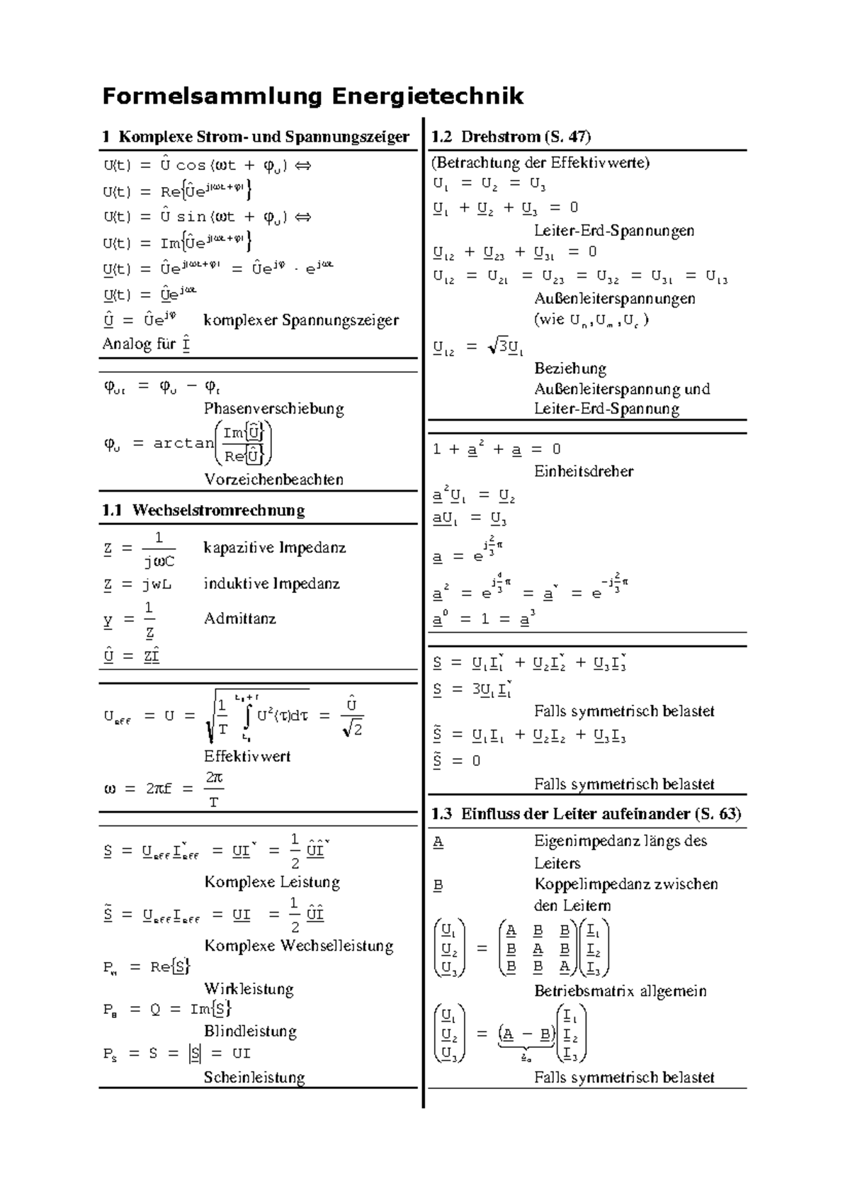 Übersichtliche Formelsammlung EET - 1 Komplexe Strom- und ...
