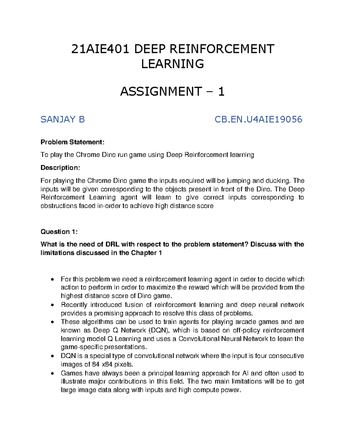 Sanjay B AIE19056 DRL ASS1 - 21AIE401 DEEP REINFORCEMENT LEARNING ...