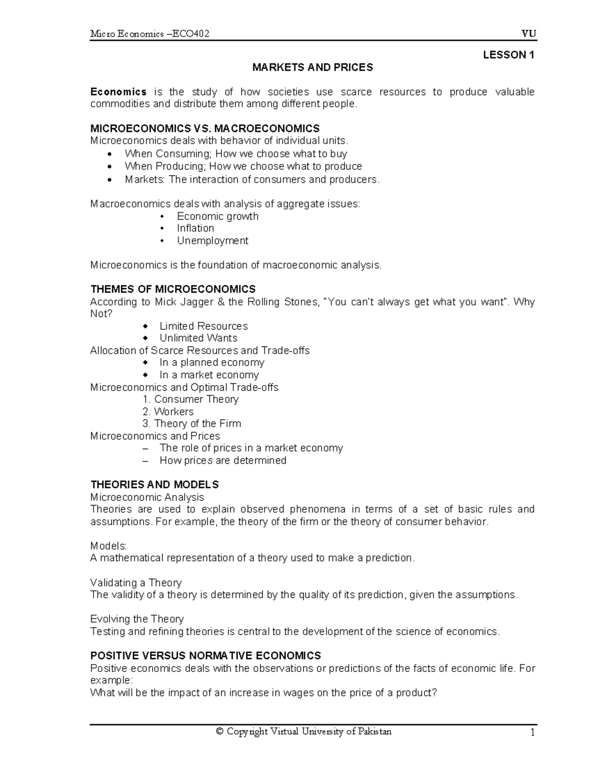 Microeconomics - ECO402 Handouts - LESSON 1 MARKETS AND PRICES ...
