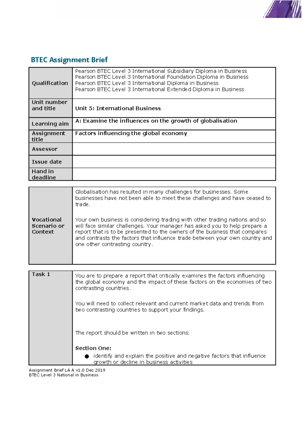 Unit 5 International Business 2020 - BTEC Assignment Brief ...