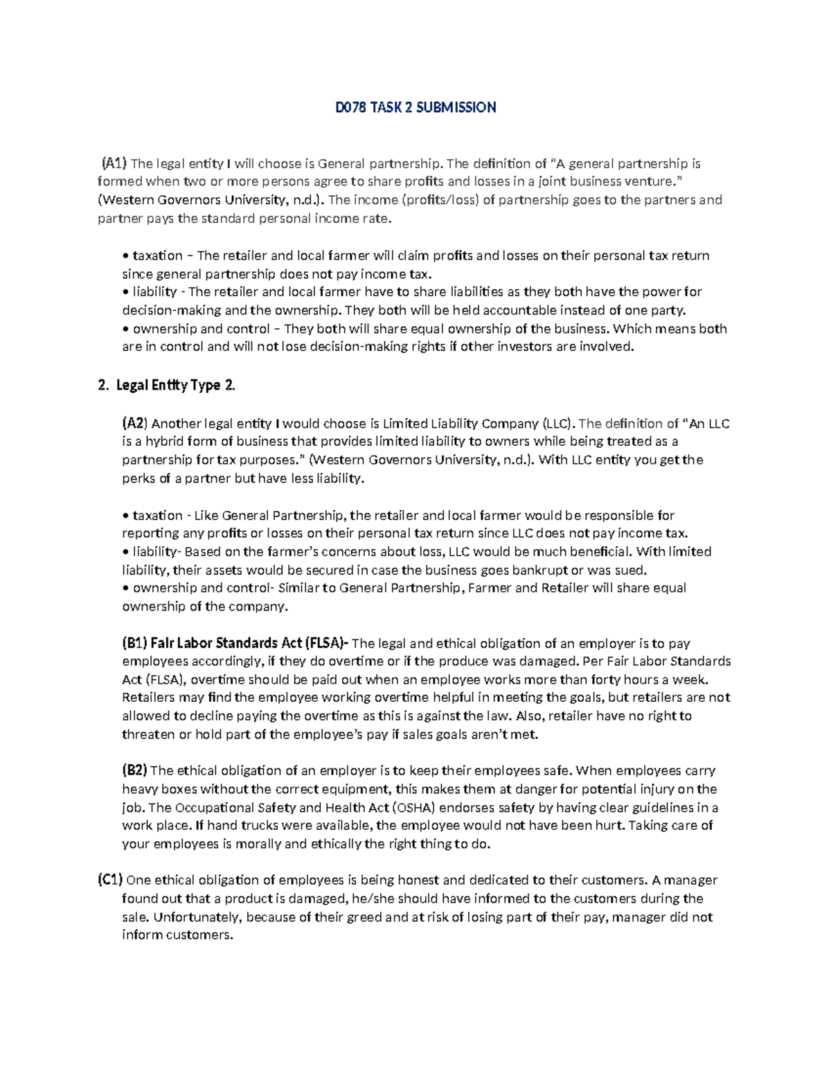 D078 Task 2 - Task 2 - D078 TASK 2 SUBMISSION (A1) The legal entity I ...